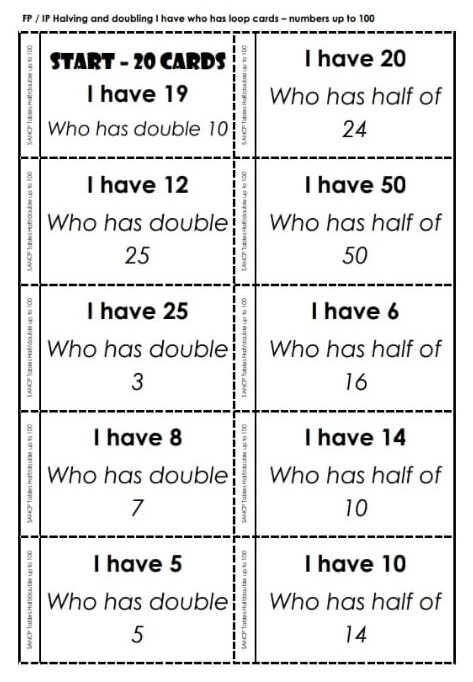 I have, Who has Cards for Doubles and Halves